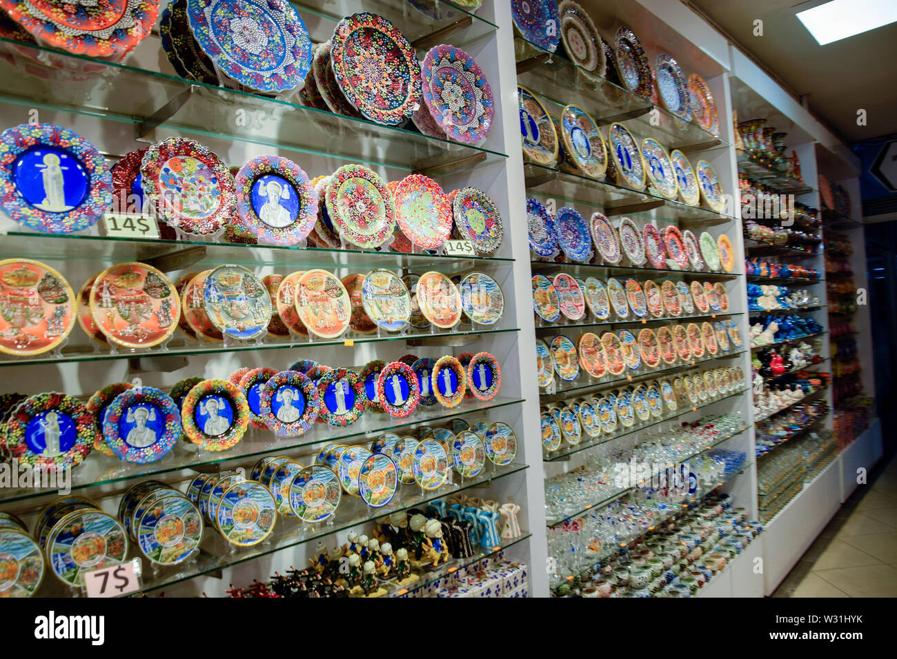 Painted beautiful dishes on the counter. Plates with patterns Stock ...