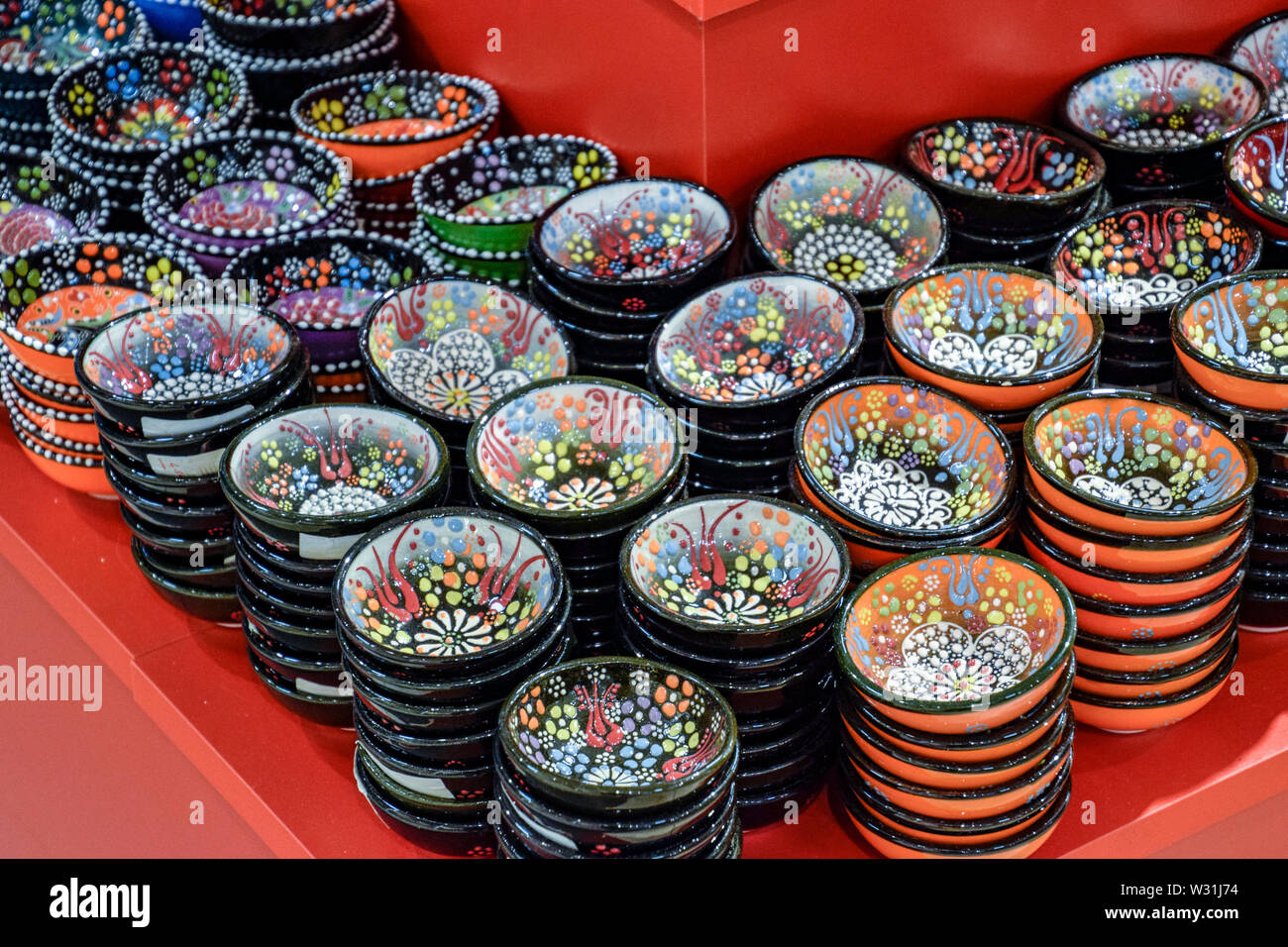 Painted beautiful dishes on the counter. Plates with patterns Stock ...