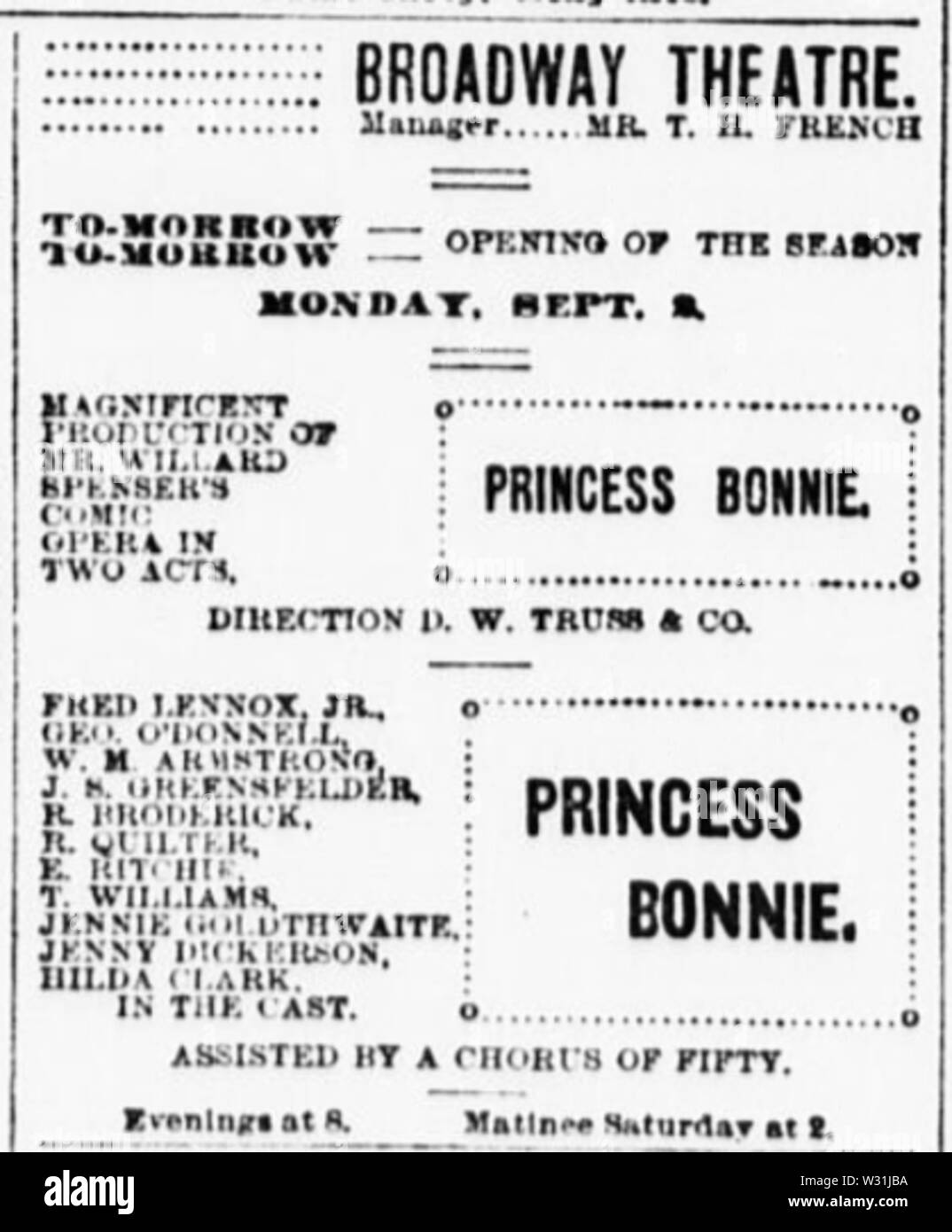 Princess Bonnie Broadway Theatre NY Sun Sept 1 1895 Stock Photo - Alamy