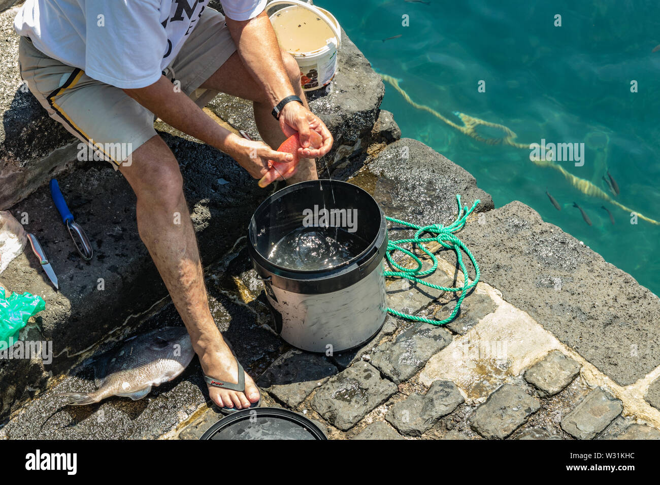 A fisherman after successful fishing, using a knife to gut and clean ...
