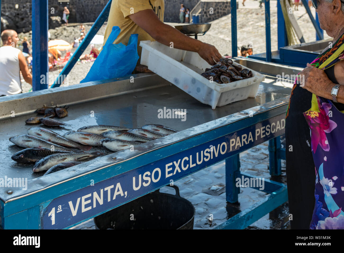 Puerto Cruz, Tenerife, Spain - July 10, 2019: Fisherman after a ...