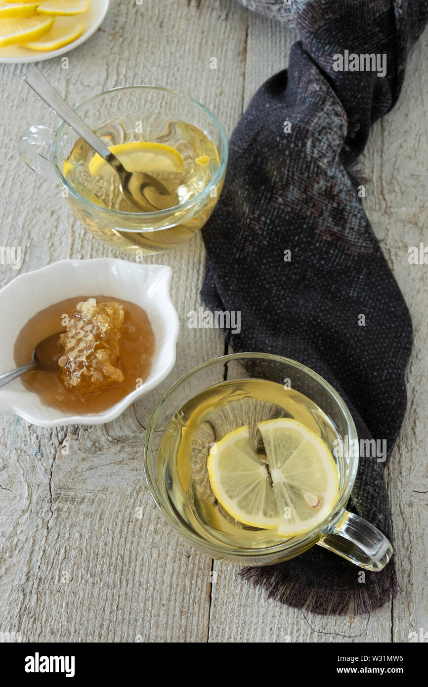 Top view of lemon tea glasses. Drinks flat lay. Seasonal refreshment ...