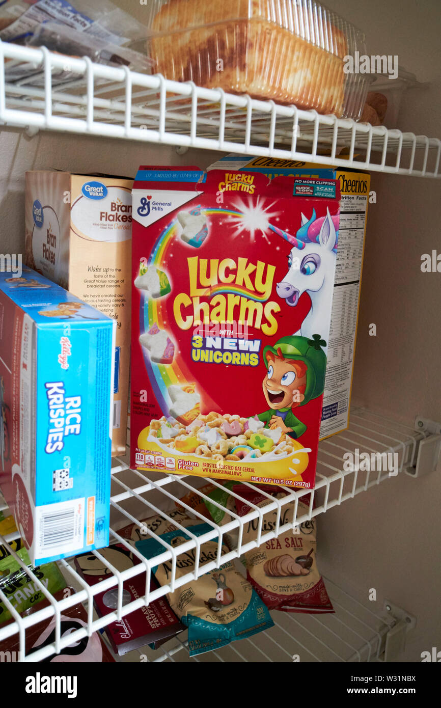 lucky charms cereal in a food cupboard in the USA United States of ...