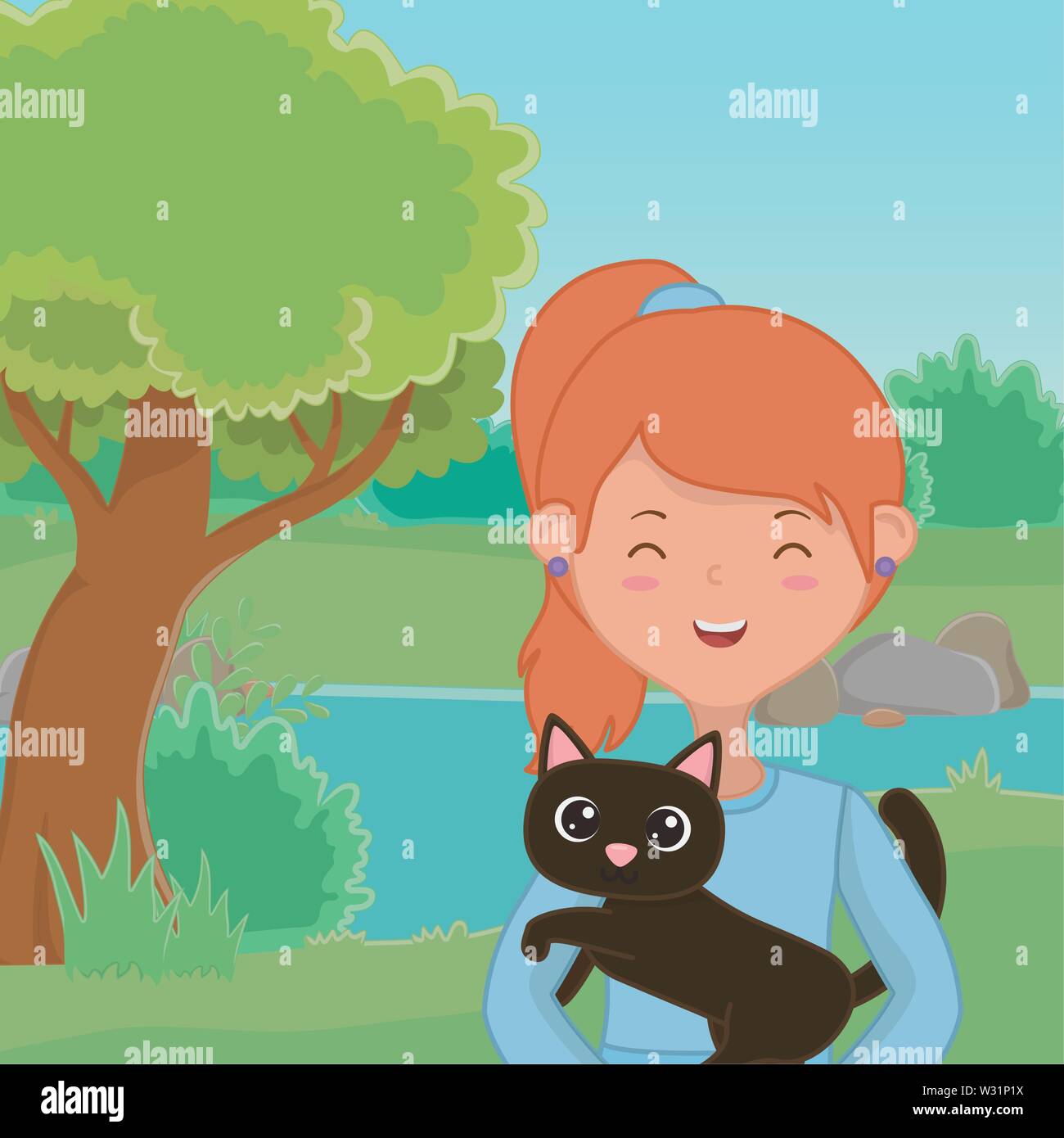 Girl with cat cartoon design, Mascot pet animal domestic cute life ...