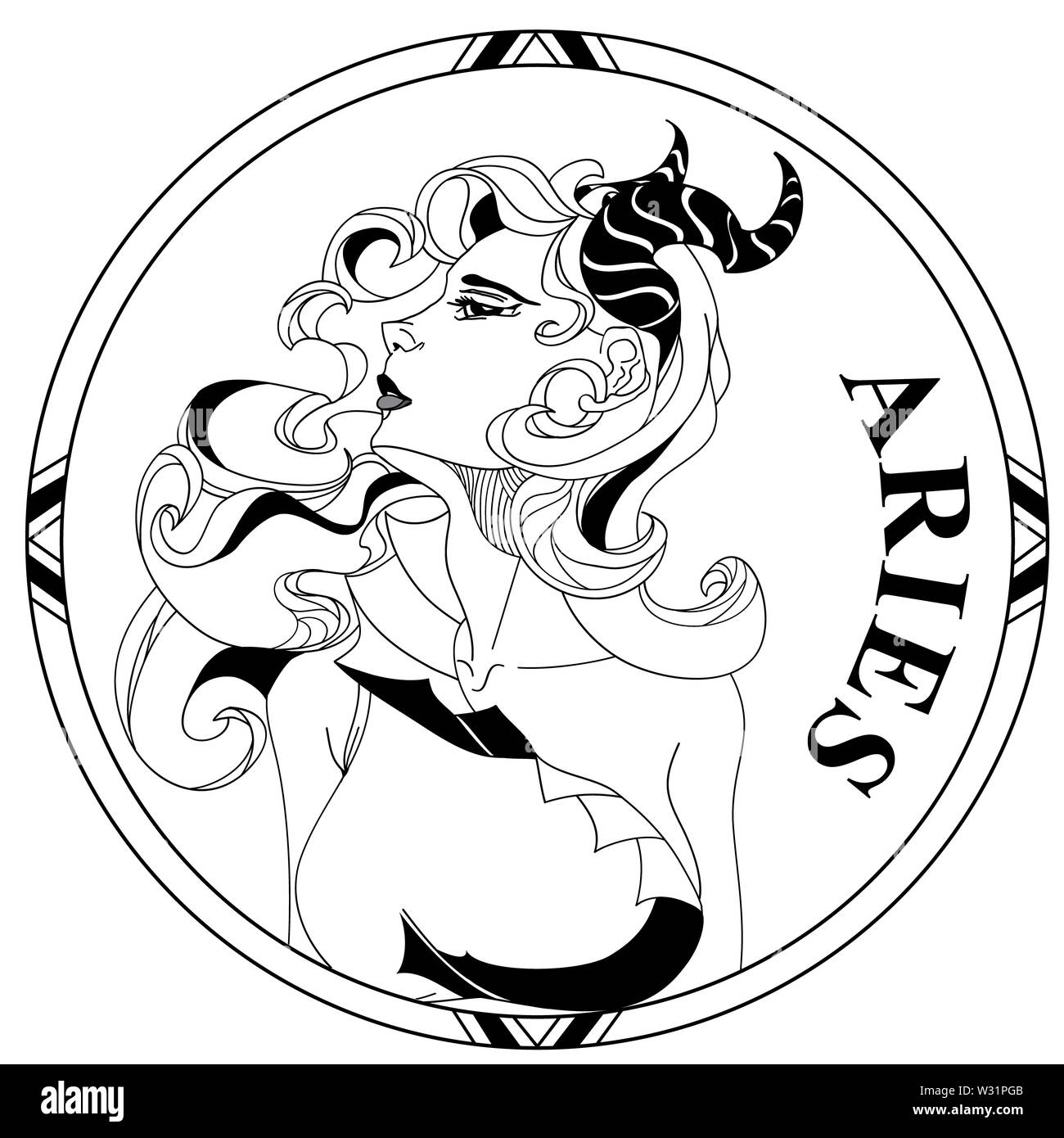 Vector illustration of sign zodiac Aries. Beautiful girl with long hair ...