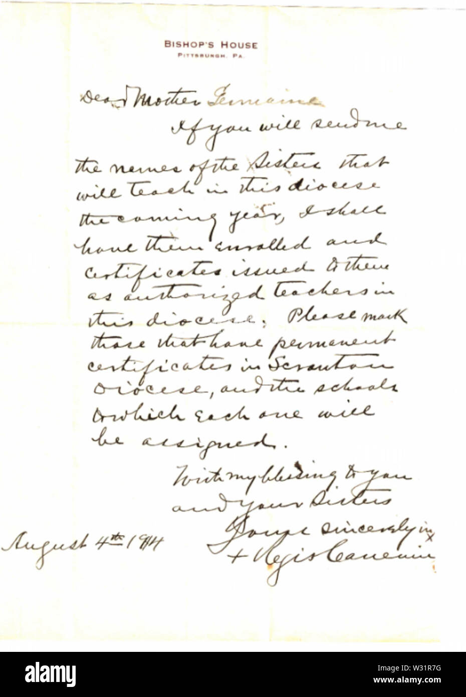 Regis Canevin letter to Mother Germaine Stock Photo - Alamy