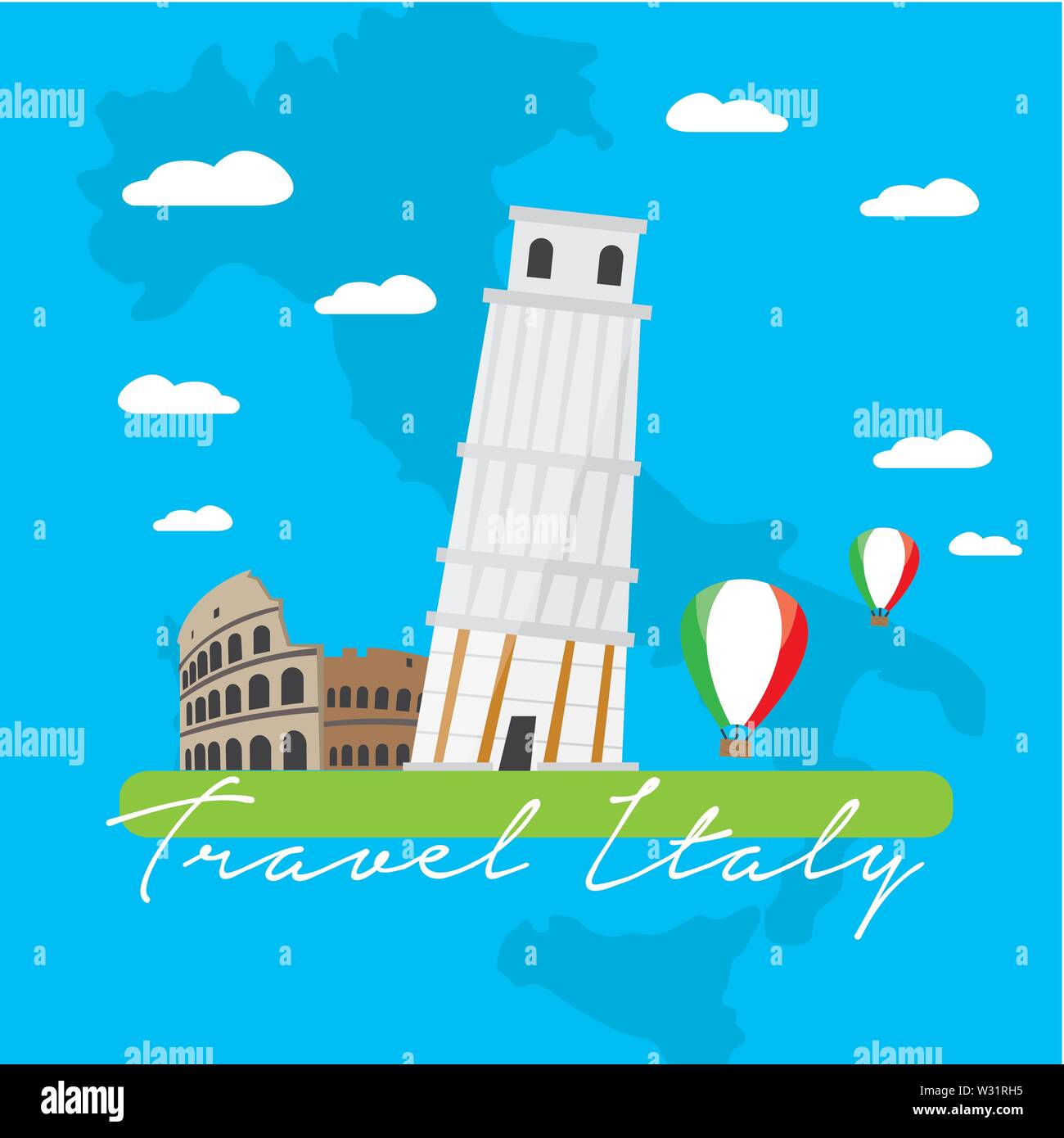 Colored landscape with famous monuments from Italy. Travel to Italy ...