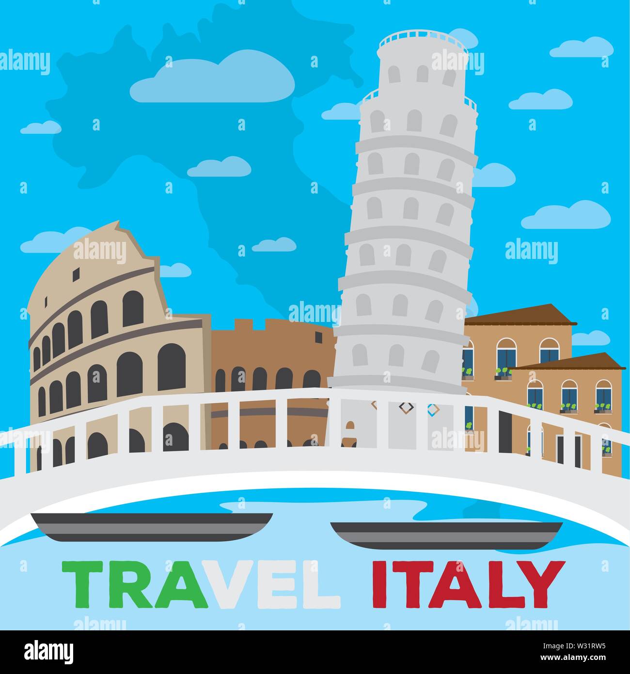 Colored landscape of famous places in Italy over a canal. Travel to ...