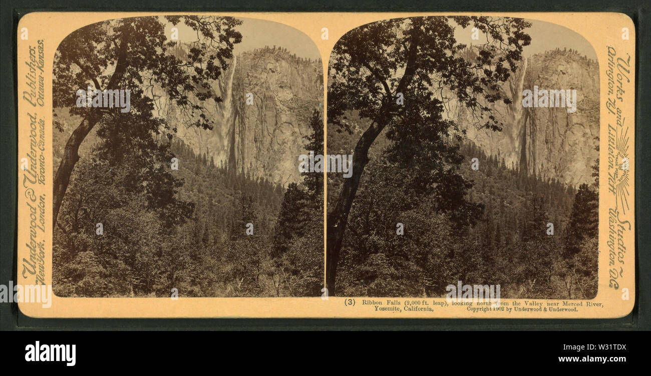 Ribbon Falls (2,000 ft leap) looking north from the Valley near Merced ...