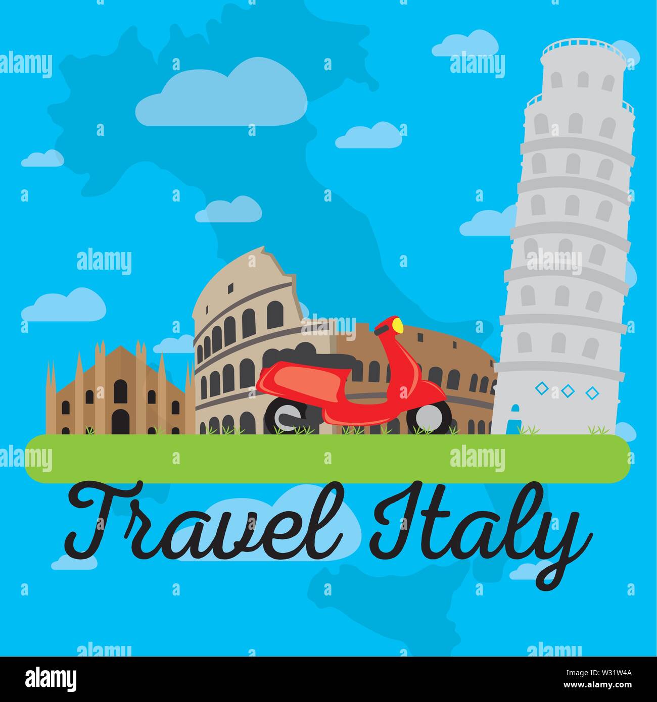 Colored landscape with different famous places in Italy. Travel to ...