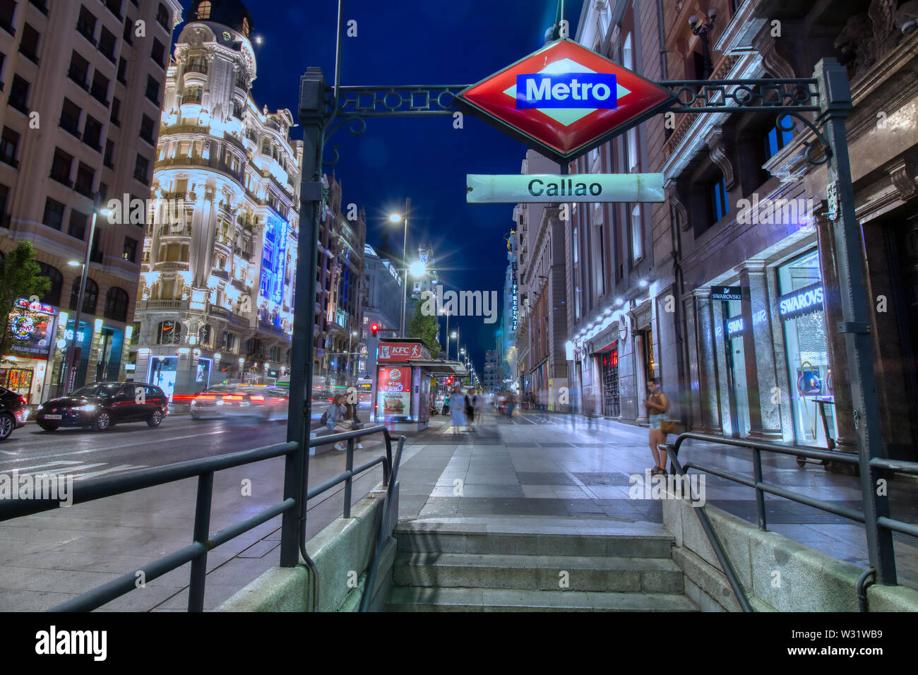 Madrid, Spain - June 20, 2019: Night view of the metro mouth of Callao ...