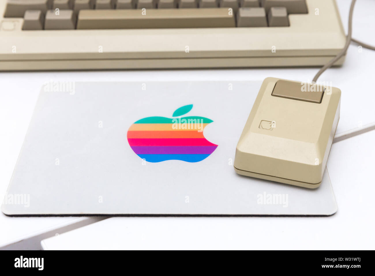 MOSCOW, RUSSIA - JUNE 11, 2018: Old original Apple Mac mouse in museum ...