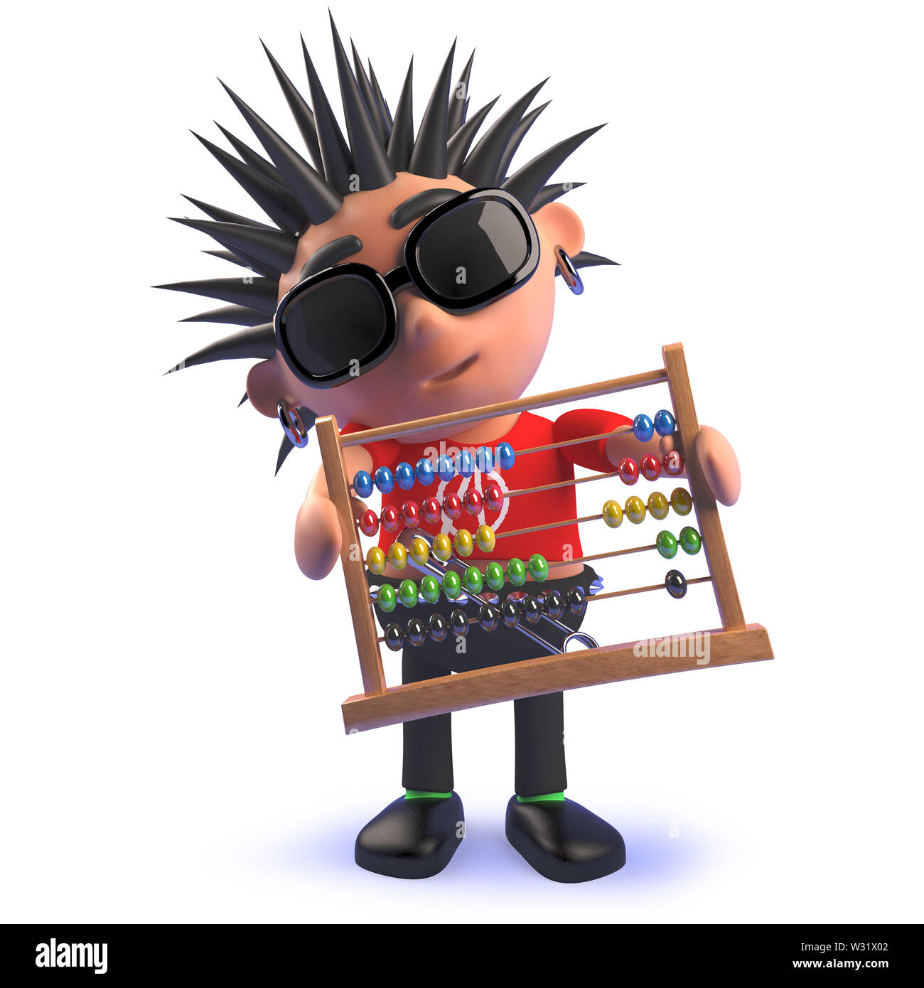 Rendered 3d image of a cartoon punk rocker kid in 3d holding an abacus ...