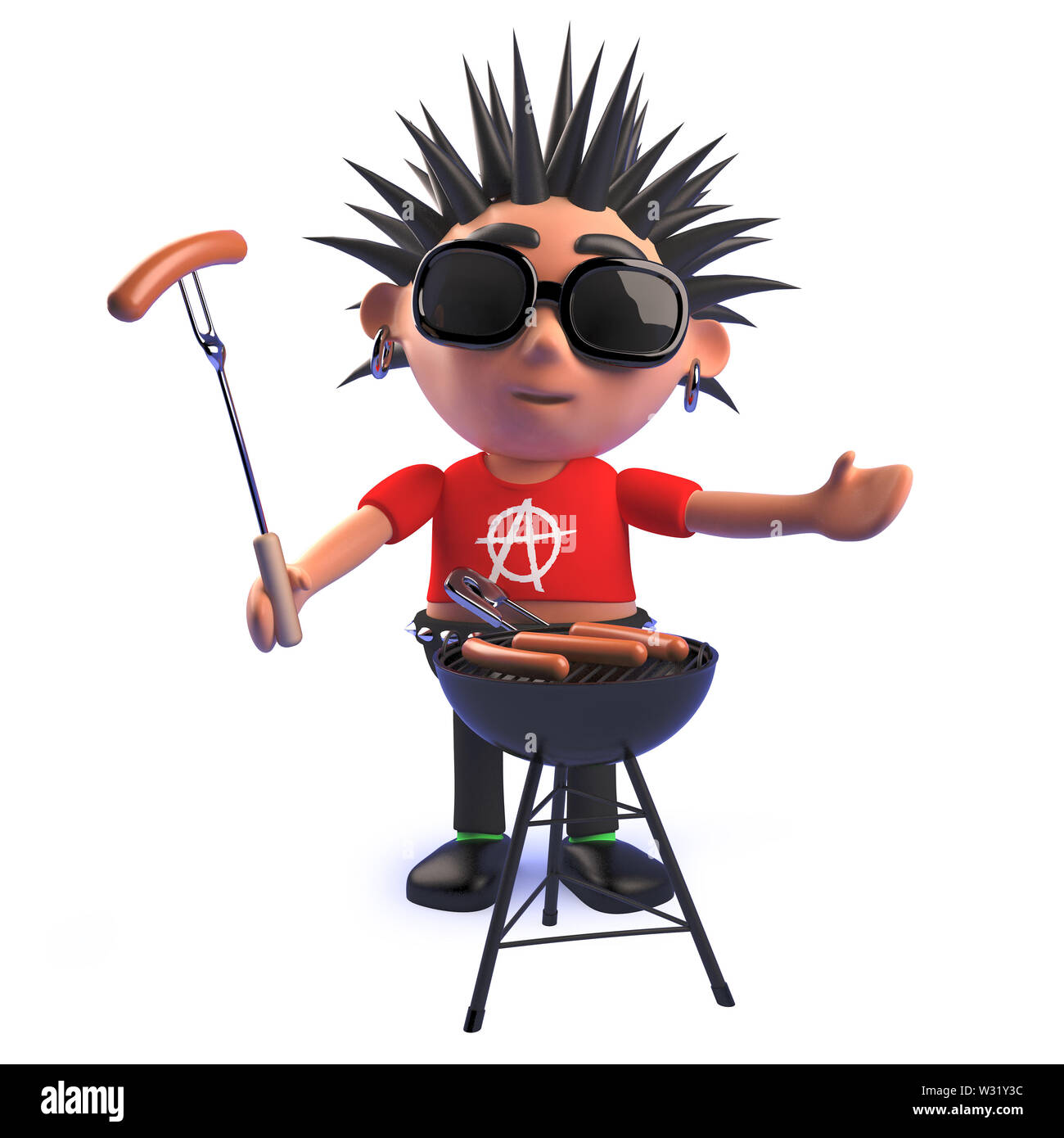 Render in 3d of a cartoon punk rocker character in 3d cooking a bbq ...