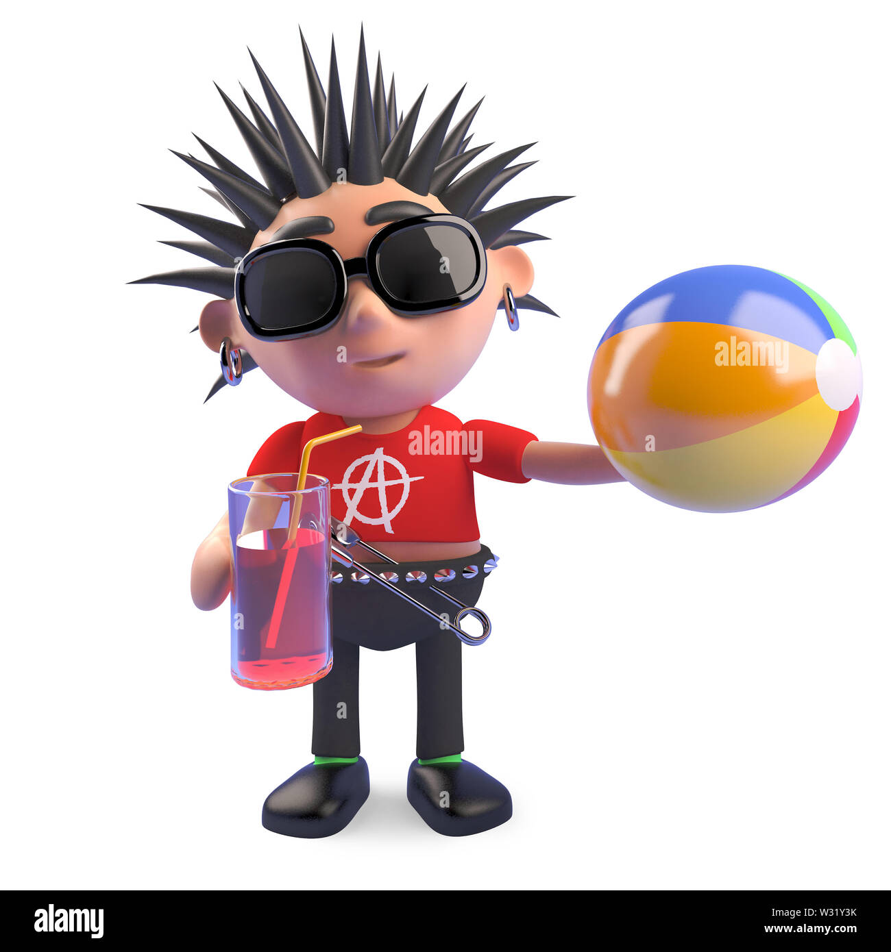 Funny punk rocker is on holiday with his beach ball and drink, 3d ...