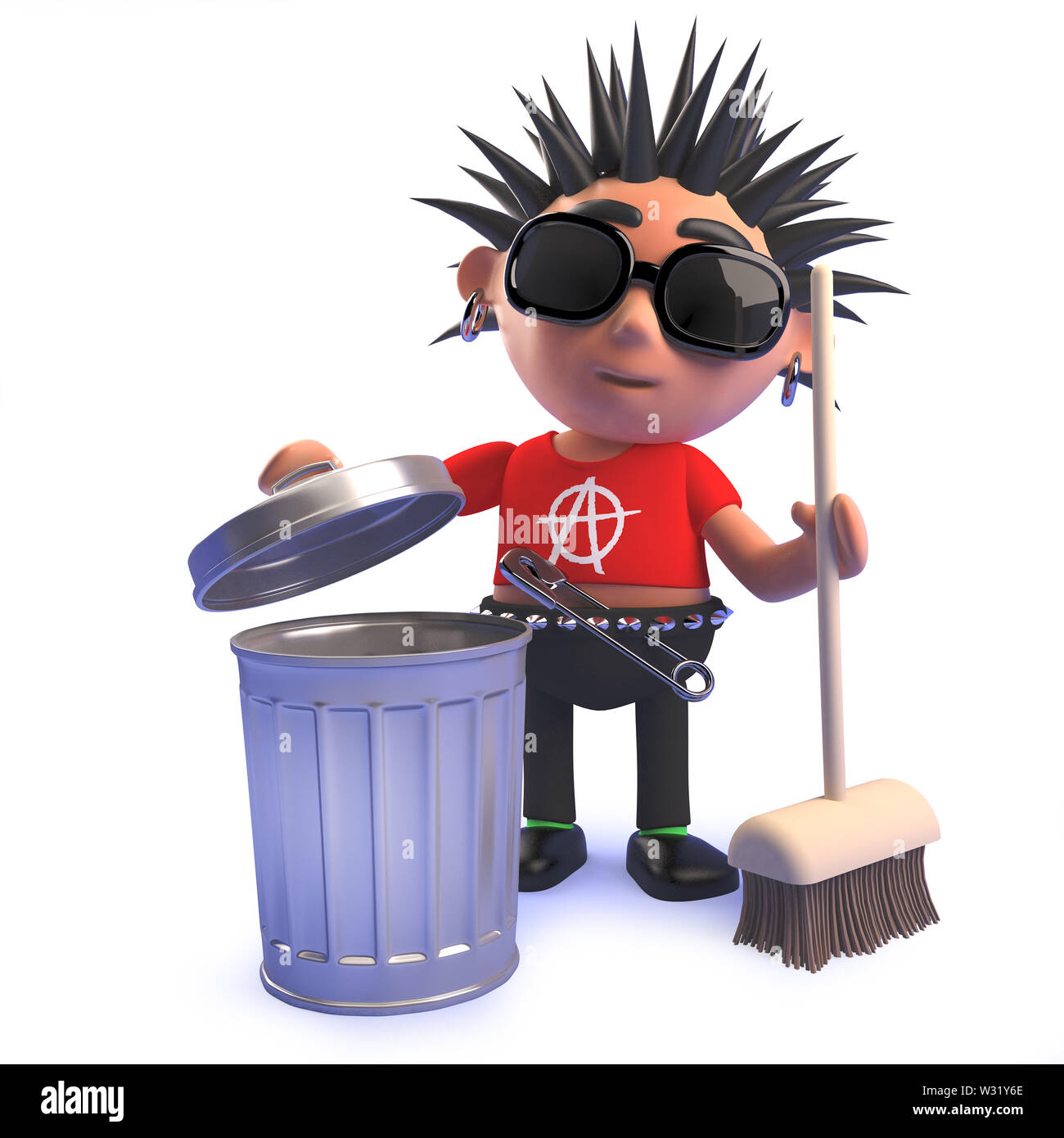 Rendered 3d image of a punk rock kid in 3d next to a trash can with a ...