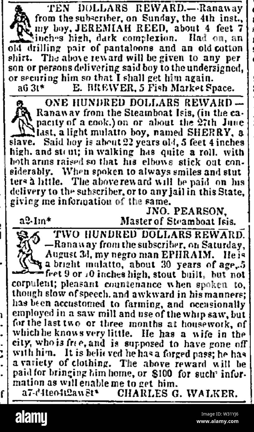 Runaway Slave Advertisements - Baltimore Sun - 8 August 1839 Stock ...