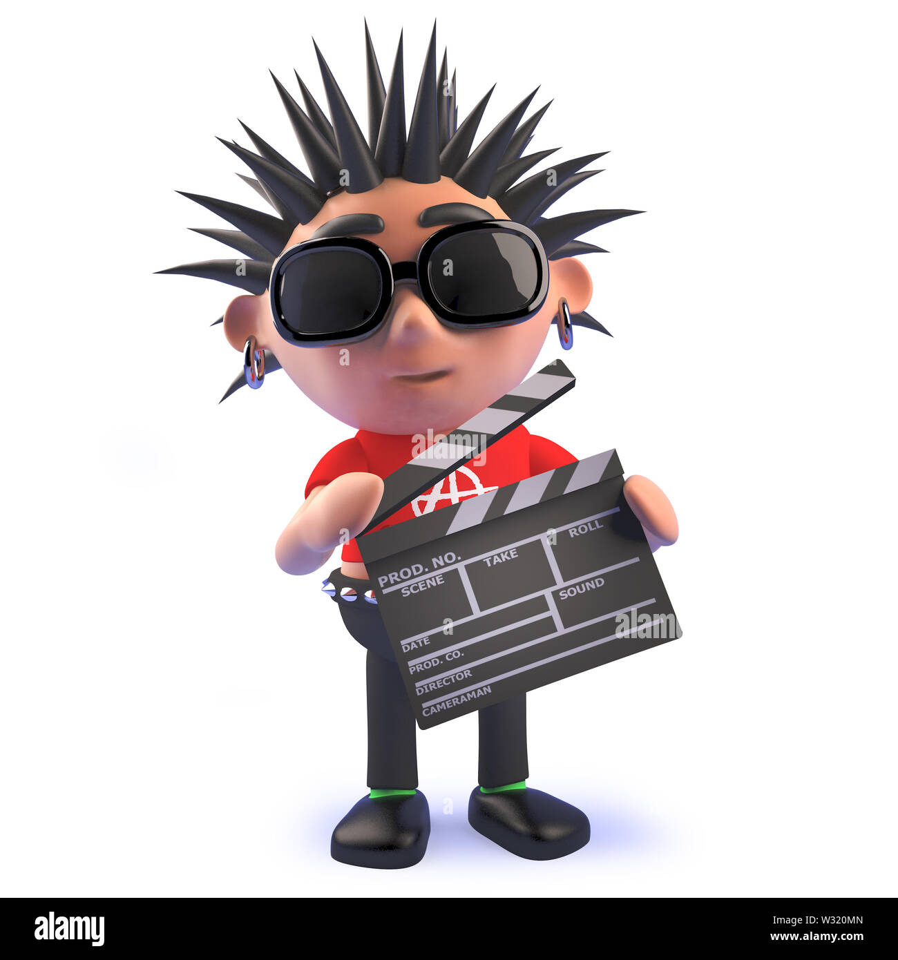 3d rendered image of a 3d punk rock cartoon character holding a movie ...