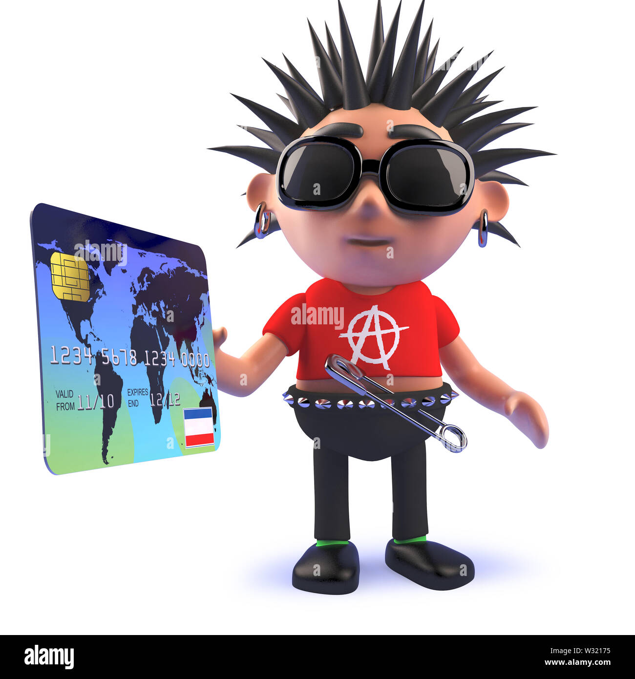A rendered image of a cartoon vicious punk rocker paying with a debit ...