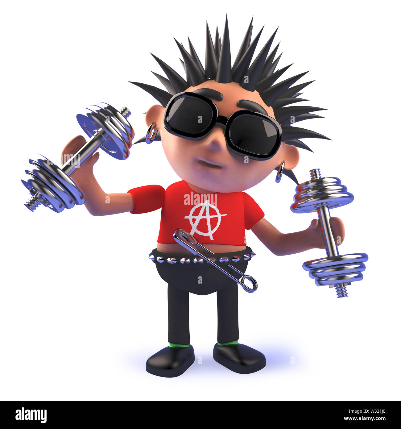 Render of a vicious cartoon punk rocker character exercising with ...