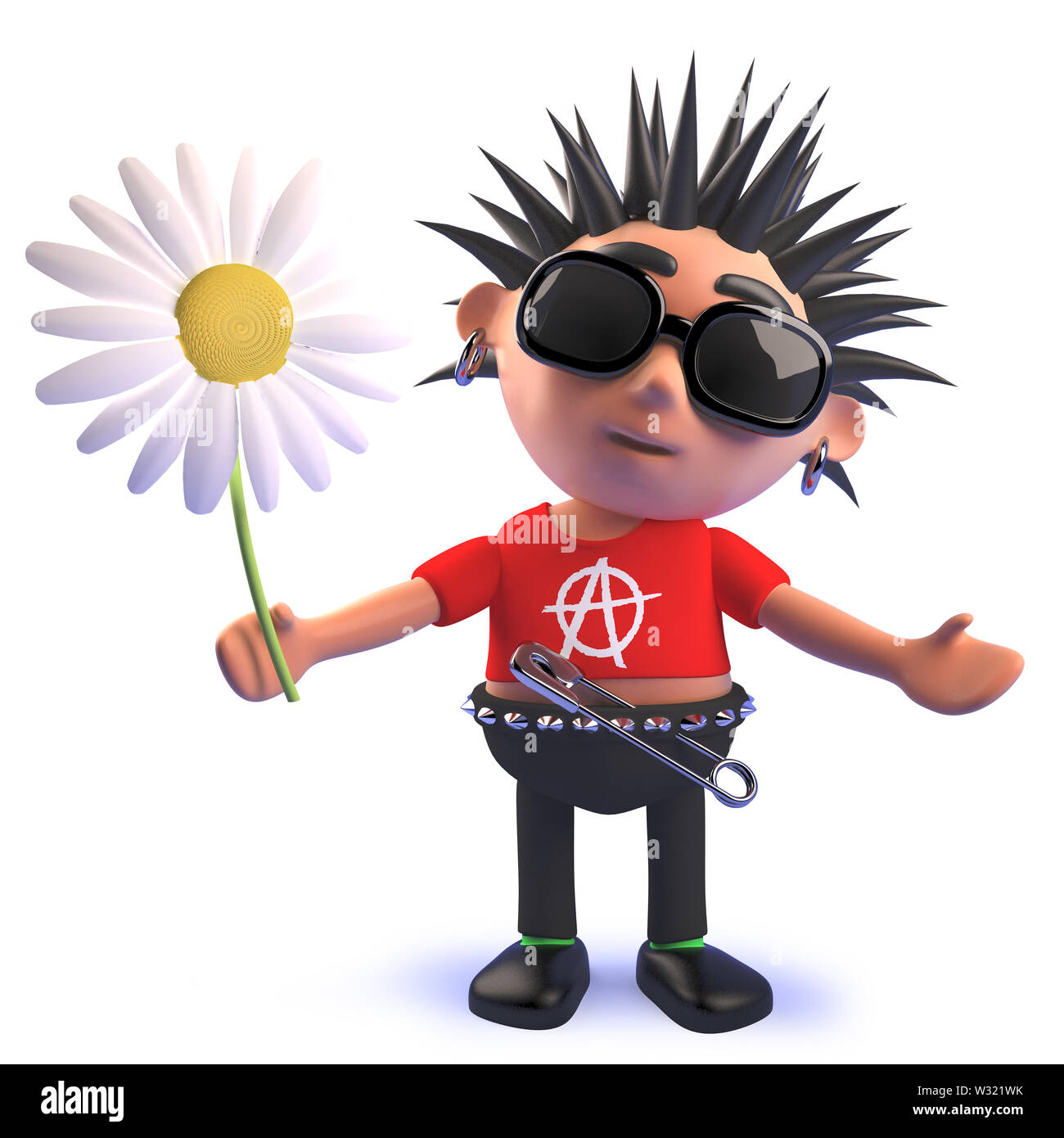 A rendered image of a cartoon 3d rotten punk rocker character holding a ...