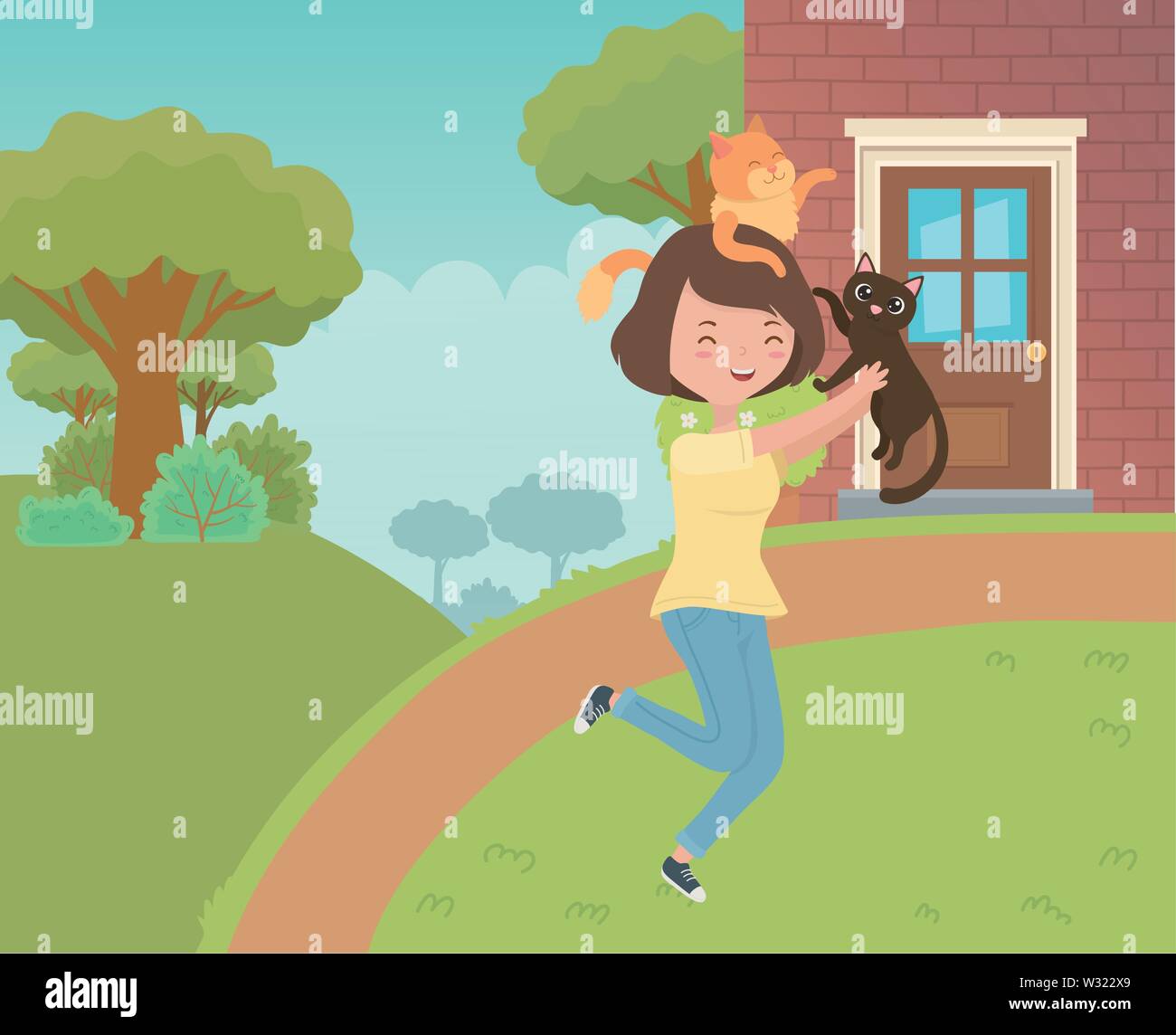 Girl with cats cartoons design, Mascot pet animal domestic cute life ...