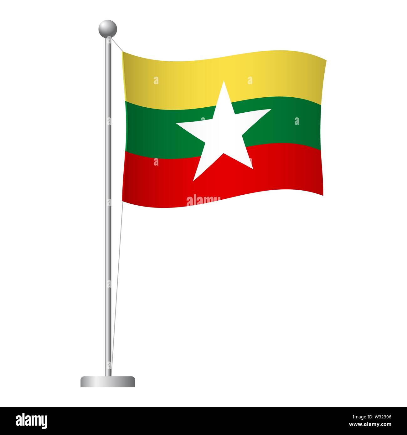 Burma flag on pole. Metal flagpole. National flag of Burma illustration ...