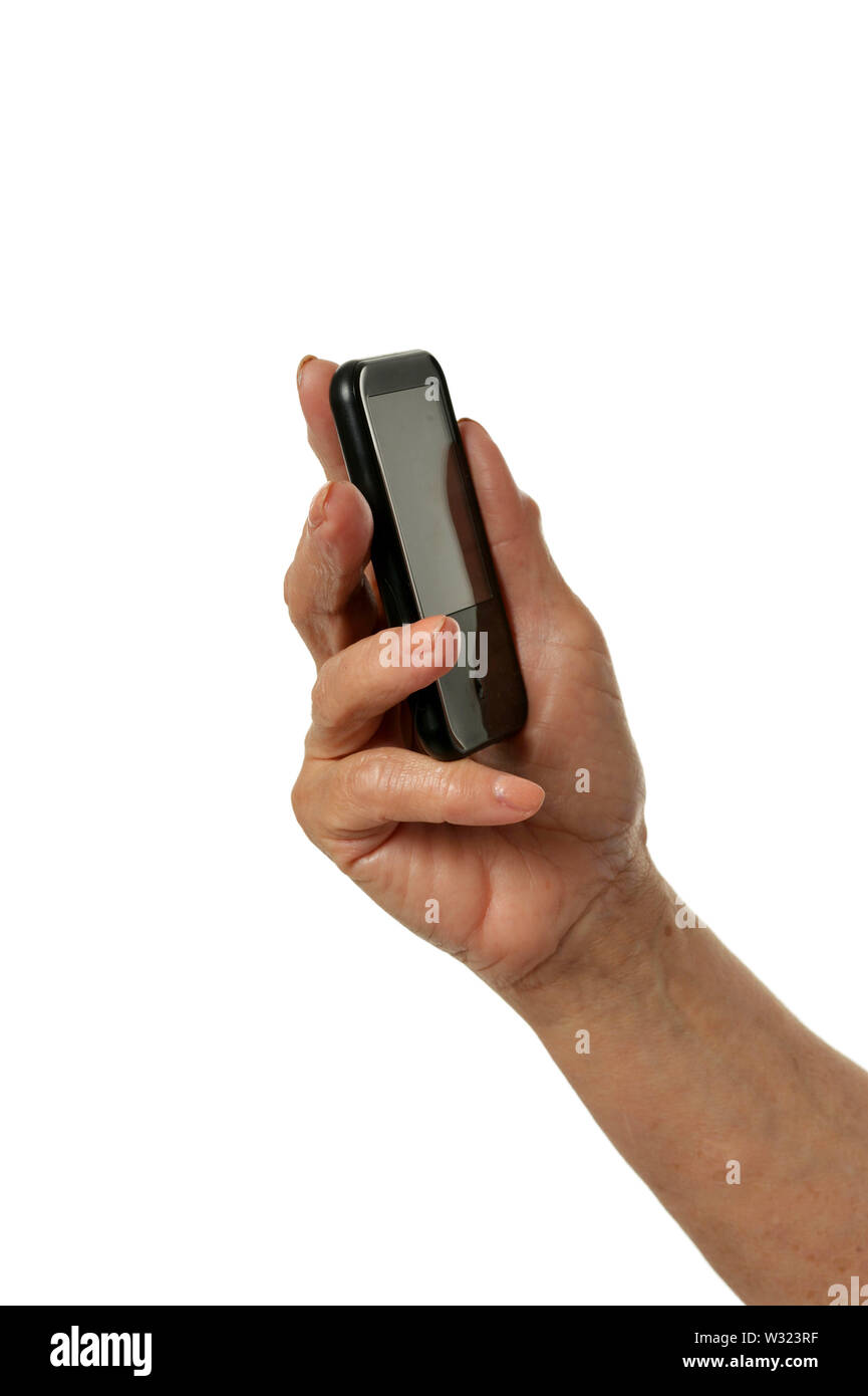 Female hand holding modern smartphone on white background Stock Photo ...