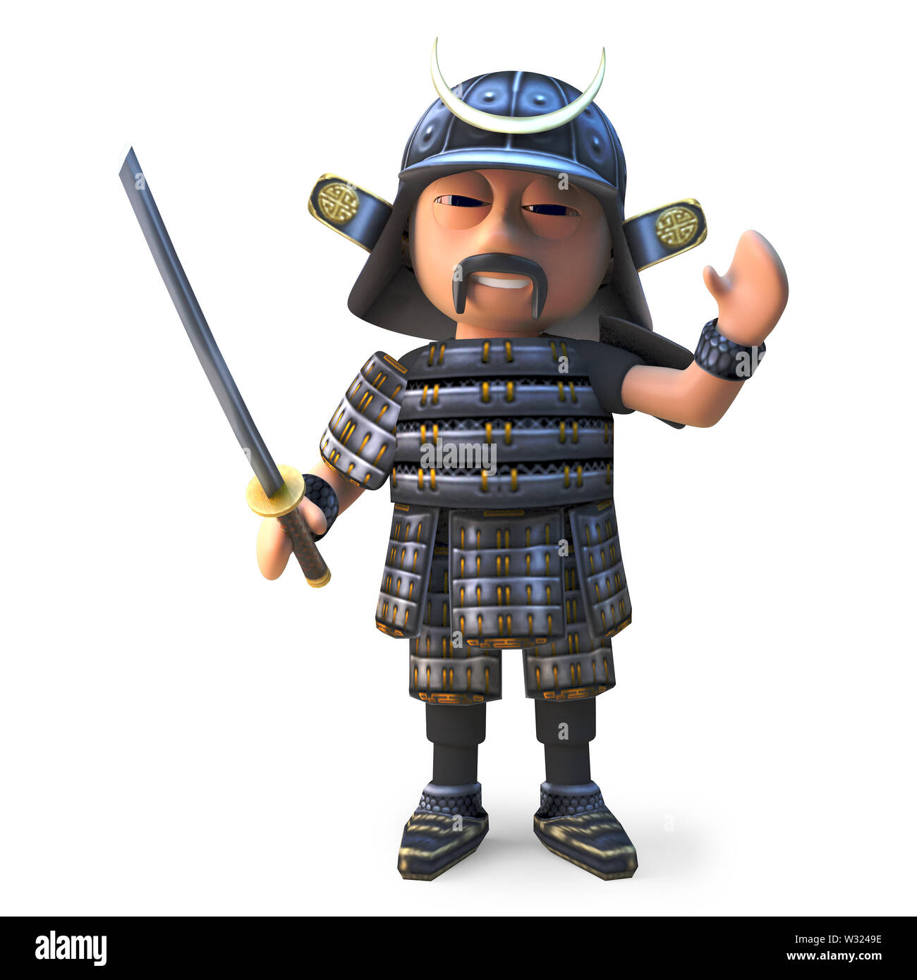Mighty Japanese samurai swords man with katana waves hello, 3d ...