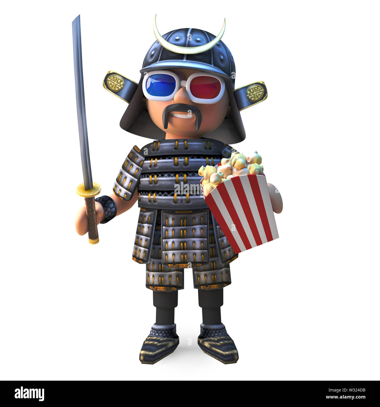 Noble Japanese samurai warrior watches 3d movie with popcorn, 3d ...