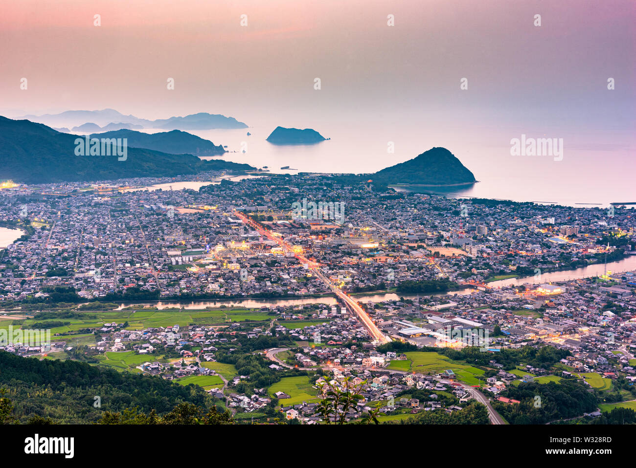 Hagi, Yamaguchi, Japan town skyline at dusk on the Sea of Japan Stock ...
