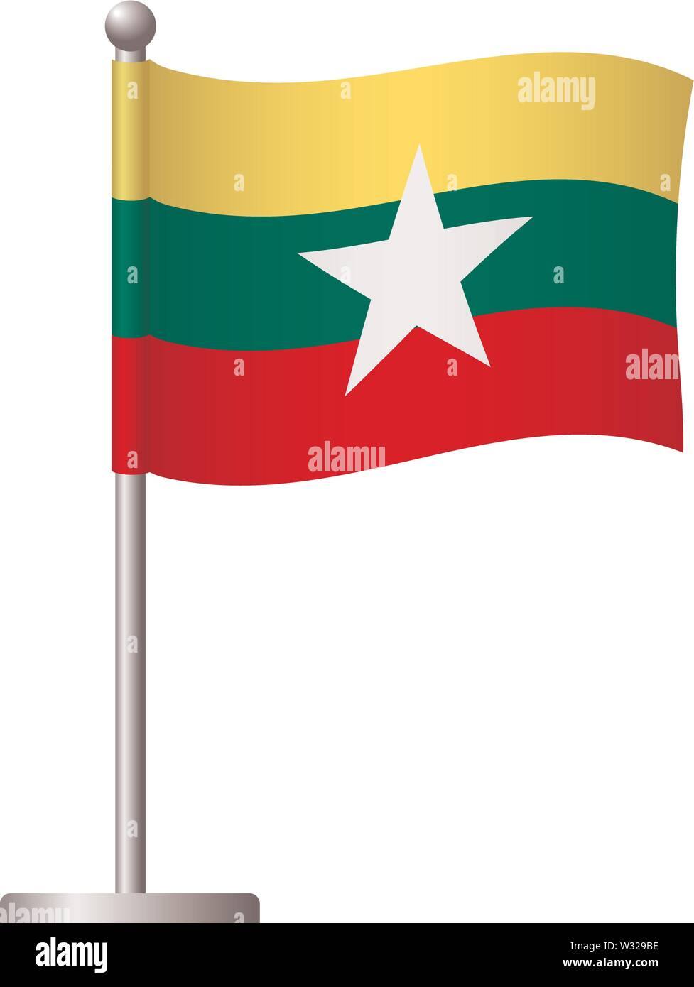 Myanmar flag on pole. Metal flagpole. National flag of Myanmar vector ...