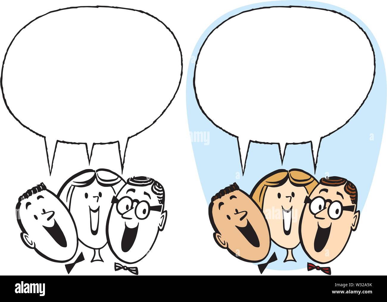 A group of smiling people with a blank word balloon above their heads ...