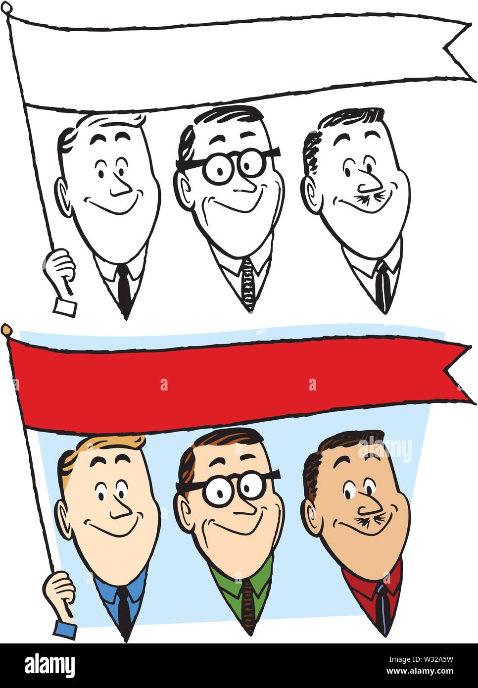 A group of smiling men holding up a blank banner Stock Vector Image ...
