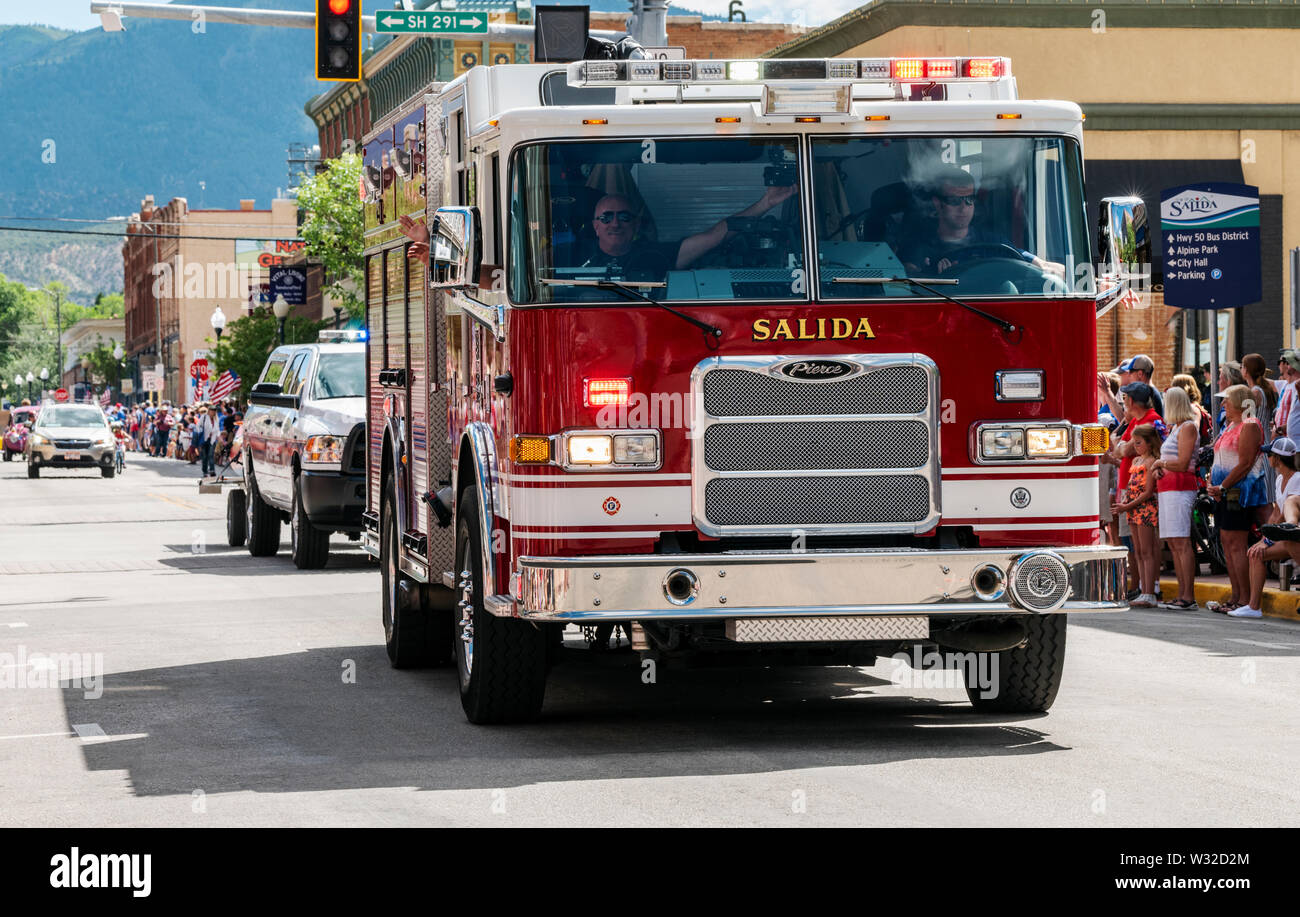Fire truck; annual Fourth of July Parade in the small Colorado mountain ...