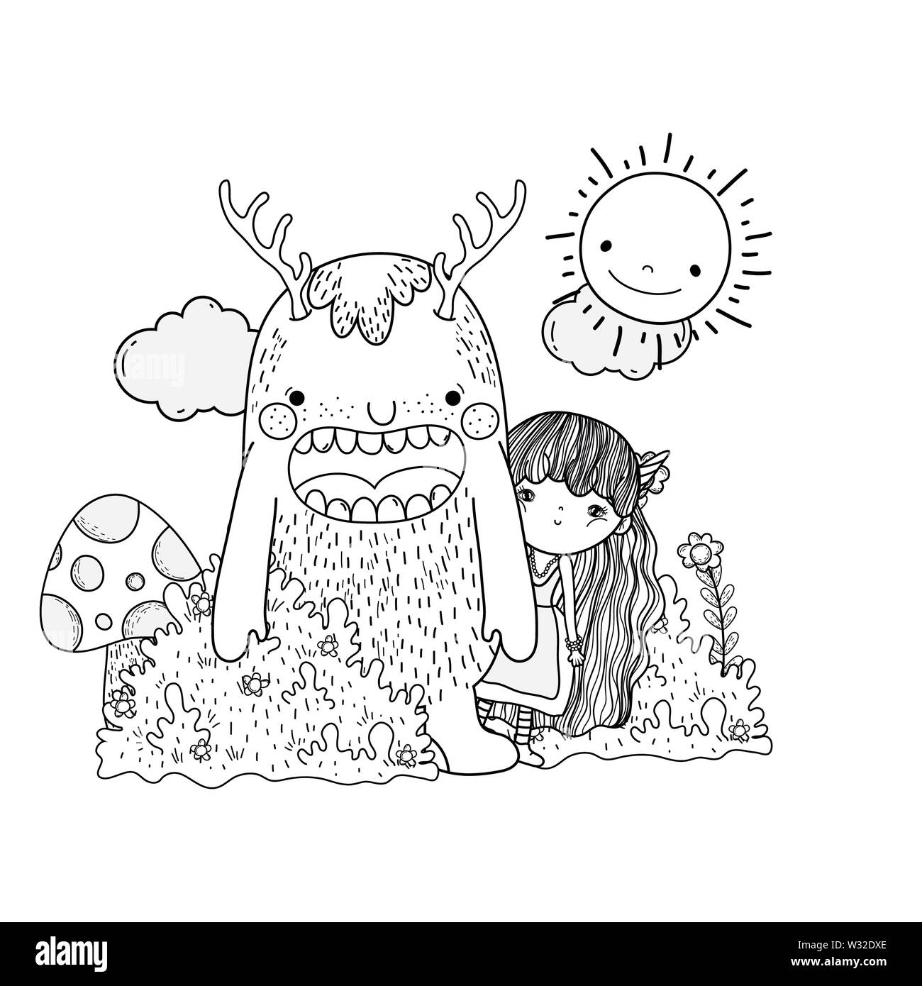 little fairy with monster in the field vector illustration design Stock ...