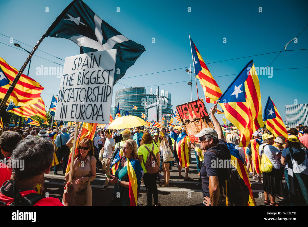 Strasbourg, France - Jul 2 2019: Placard Spain the biggest dictatorship ...