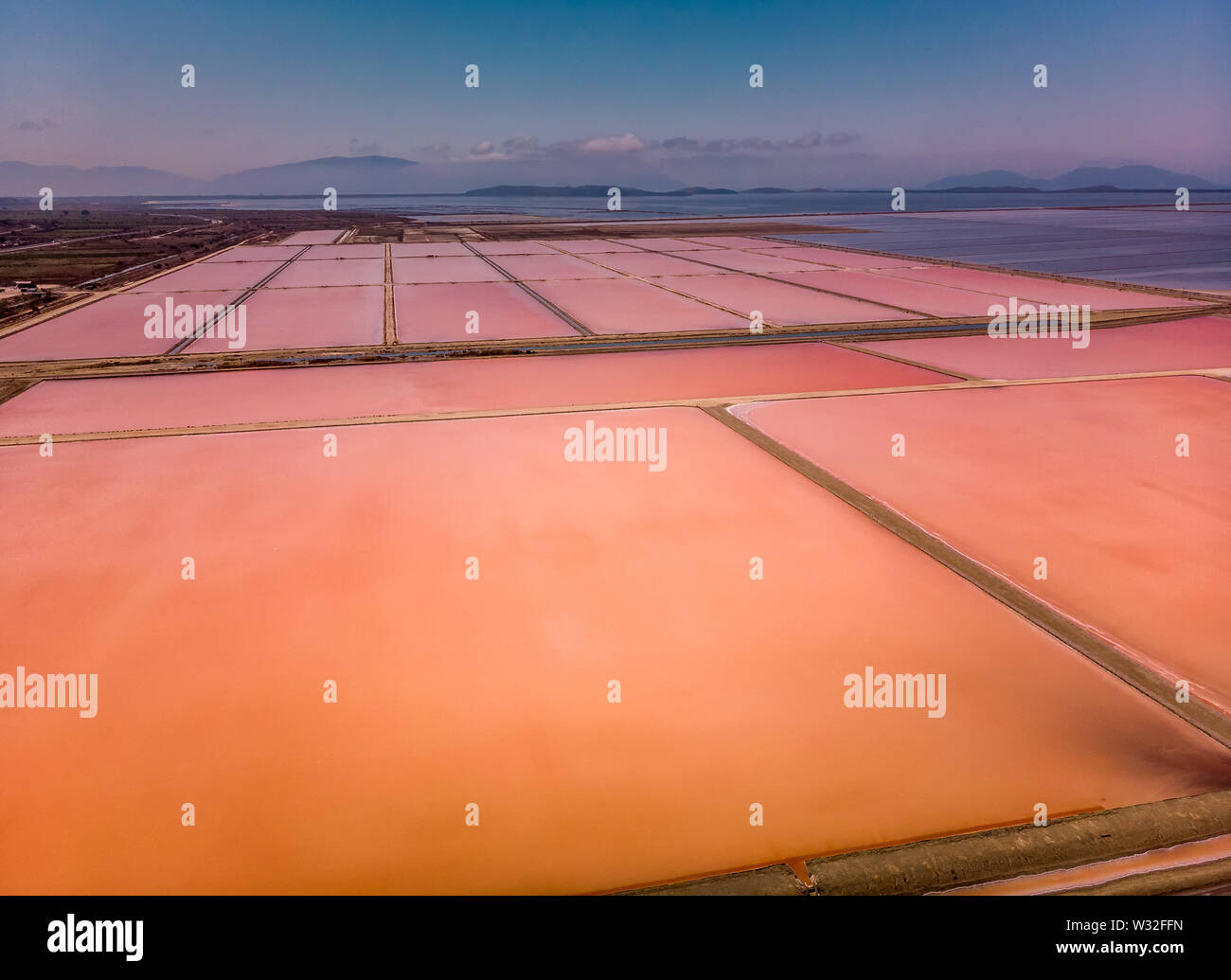 Pink salt field Albania, view from drone Stock Photo - Alamy
