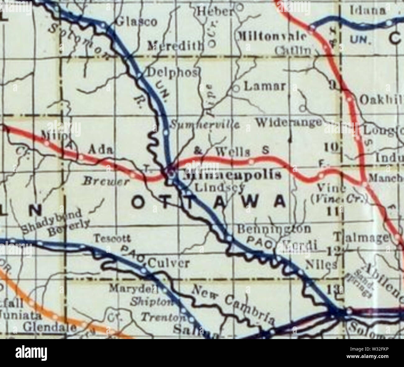 Stouffer's Railroad Map of Kansas 1915-1918 Ottawa County Stock Photo ...