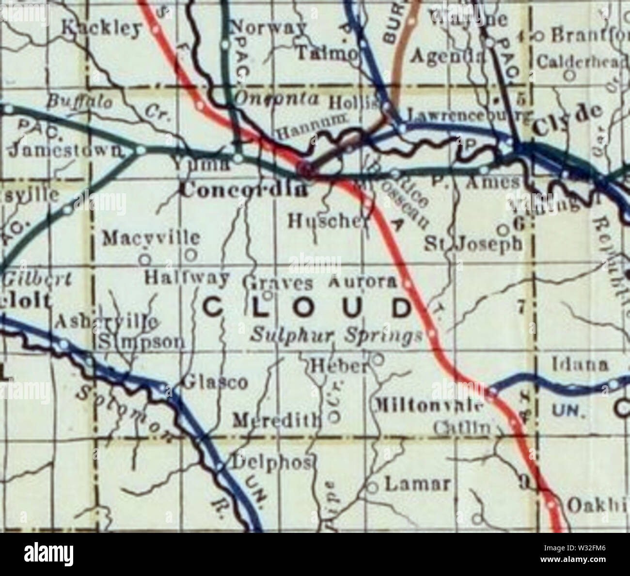 Stouffer's Railroad Map of Kansas 1915-1918 Cloud County Stock Photo ...
