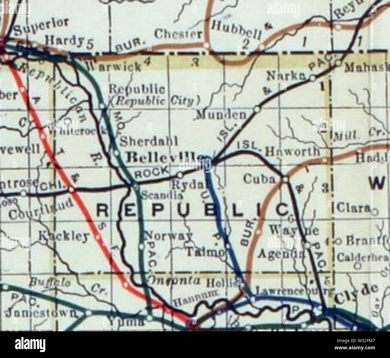 Stouffer's Railroad Map of Kansas 1915-1918 Republic County Stock Photo ...