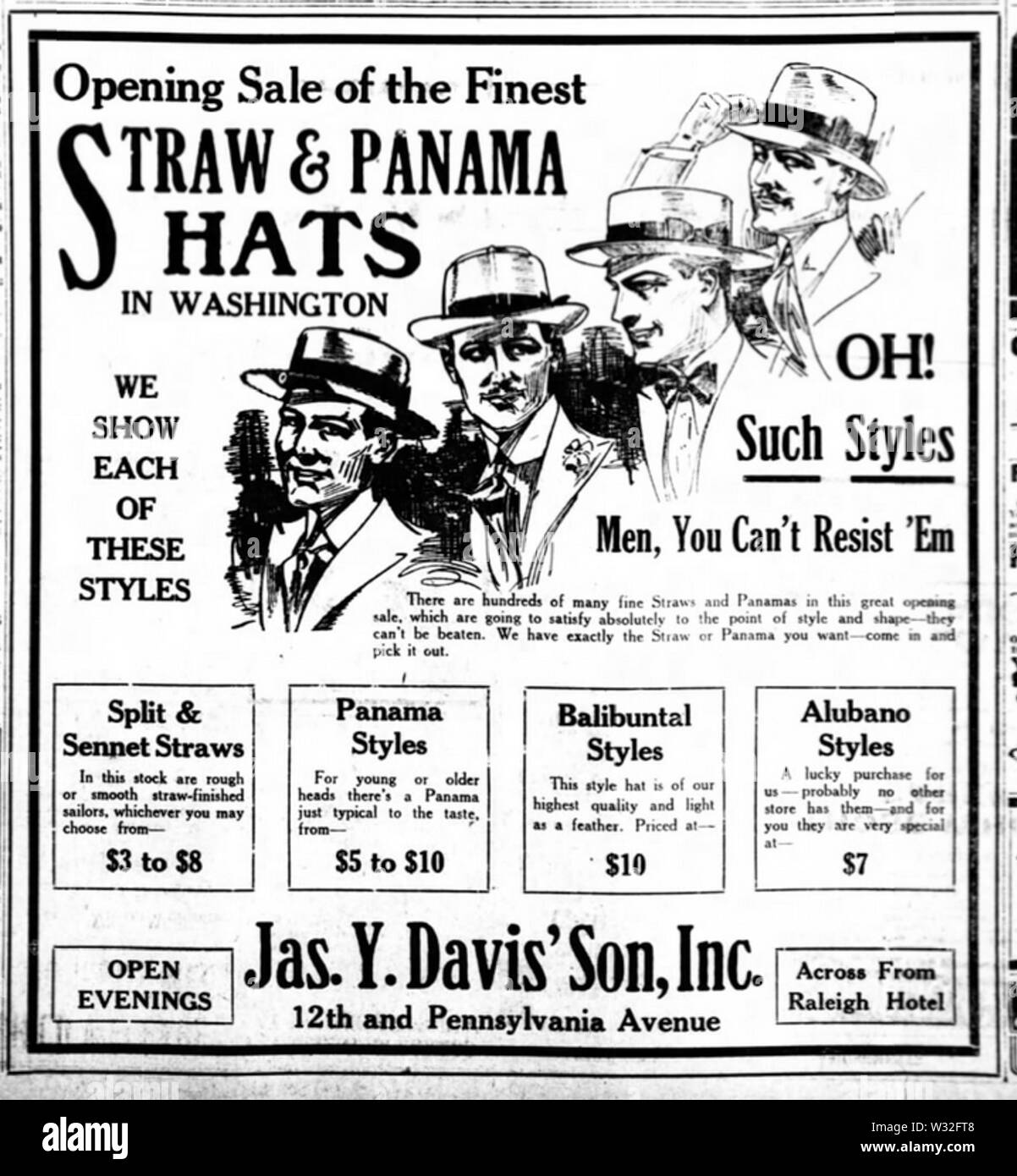 Straw and Panama Hat newspaper advertisement 1919 Stock Photo - Alamy