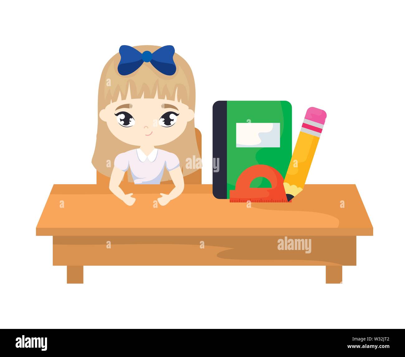 student girl sitting in school desk with supplies education vector ...