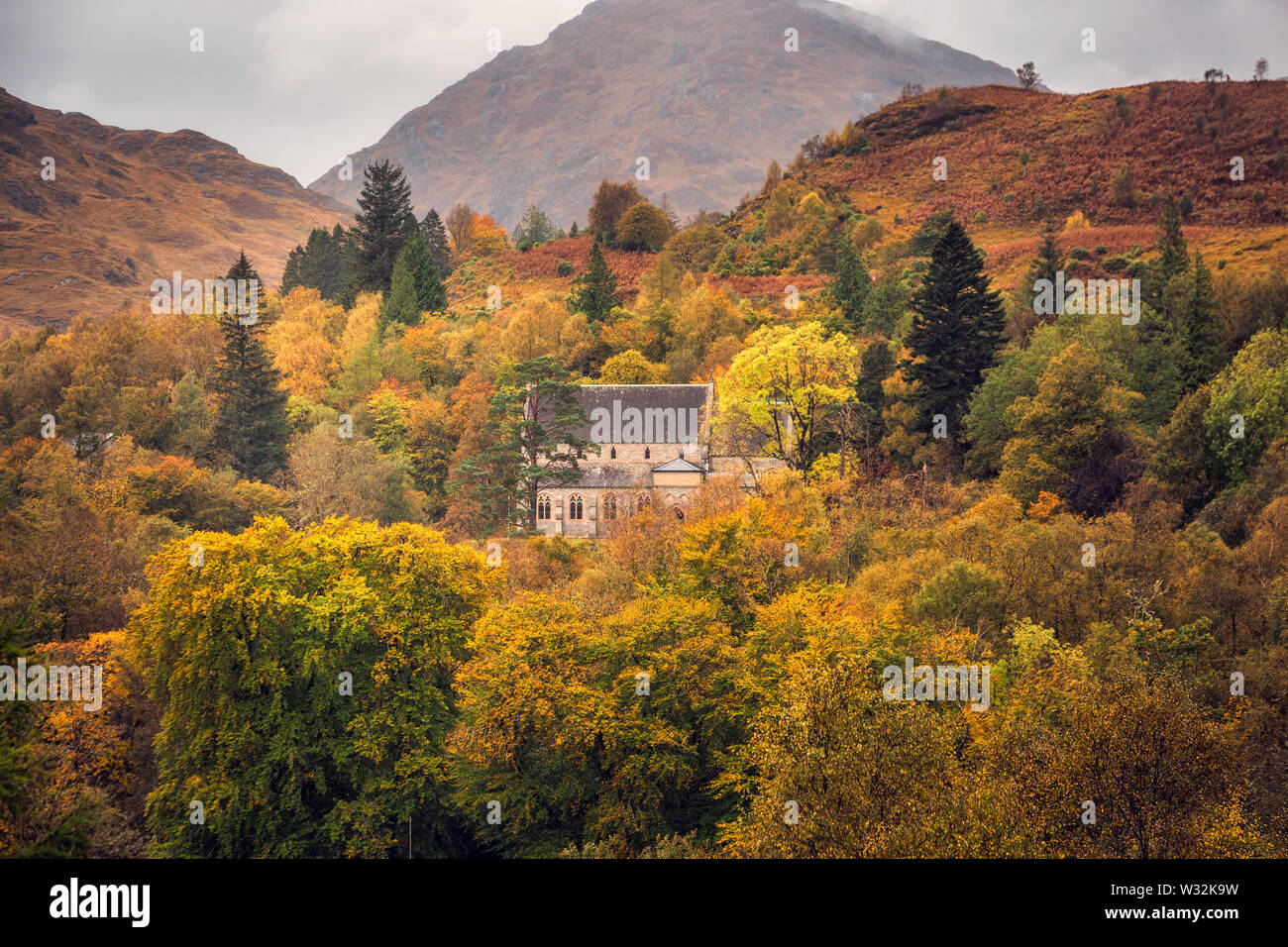 Panoramic view with stone house in the woods, Scotland Stock Photo - Alamy