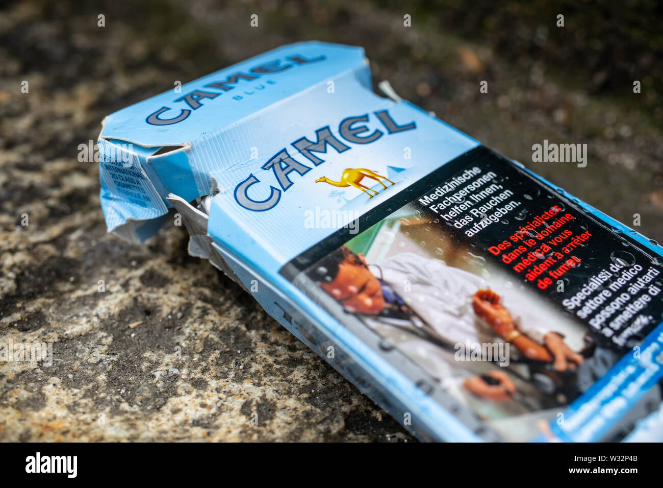 Geneva, March 2019 pack of Camel cigarettes, worn and thrown away ...