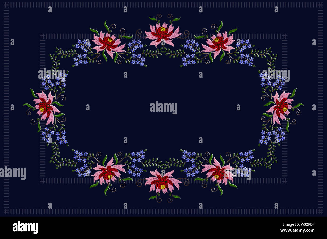 Dark blue tablecloth with a striped blue border is framed by ...