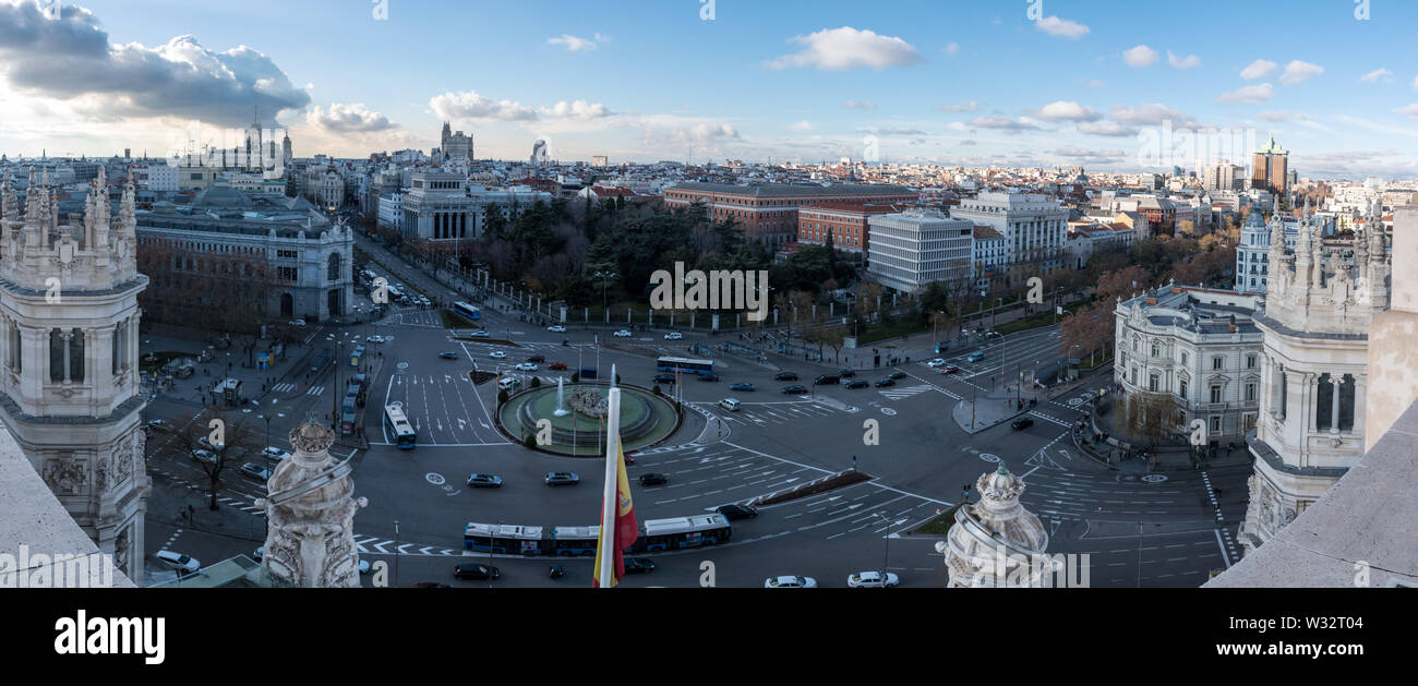 Panoramic of a Madrid, Spain roundabout taken from the roof top of the ...
