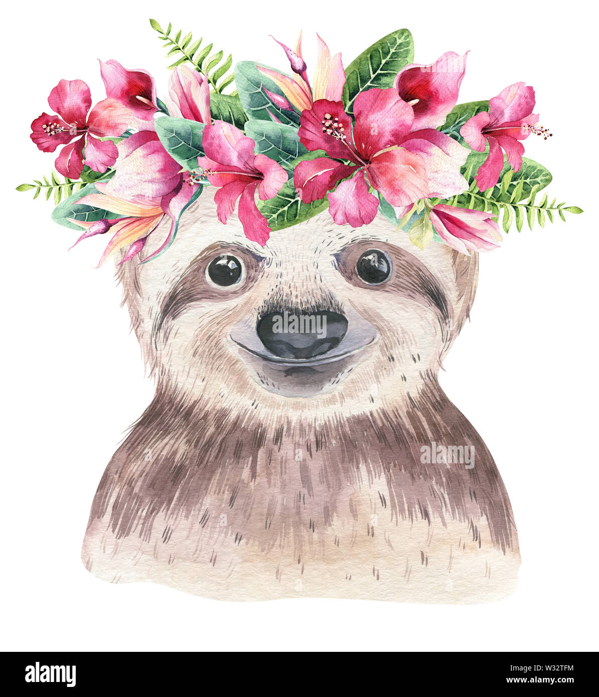 A poster with a baby sloth. Watercolor cartoon sloth tropical animal ...