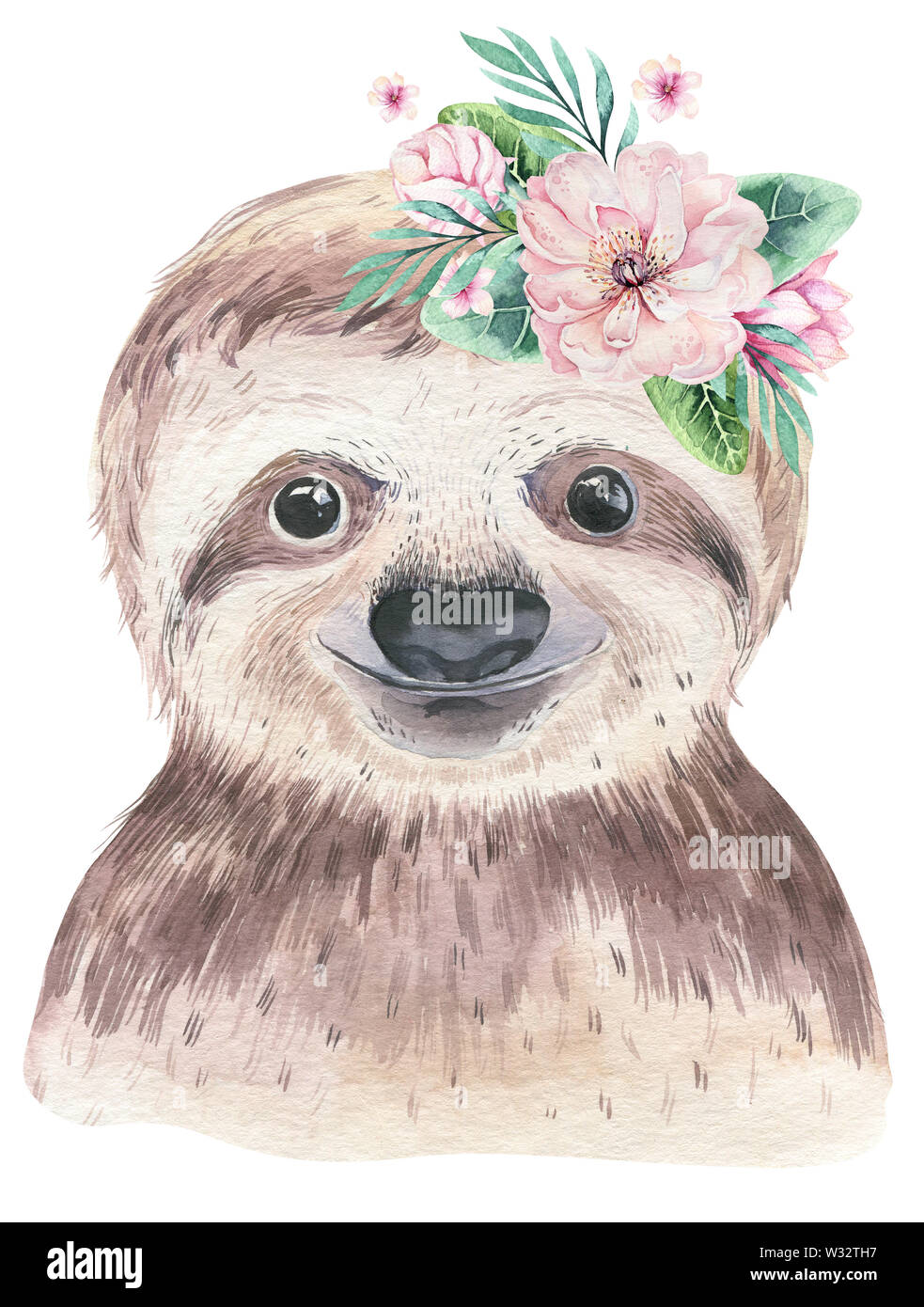 A poster with a baby sloth. Watercolor cartoon sloth tropical animal ...