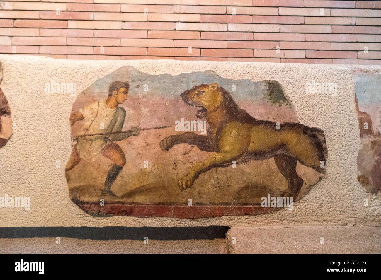 Painting from the Roman Amphitheater in Merida of a Hunter with Lioness ...